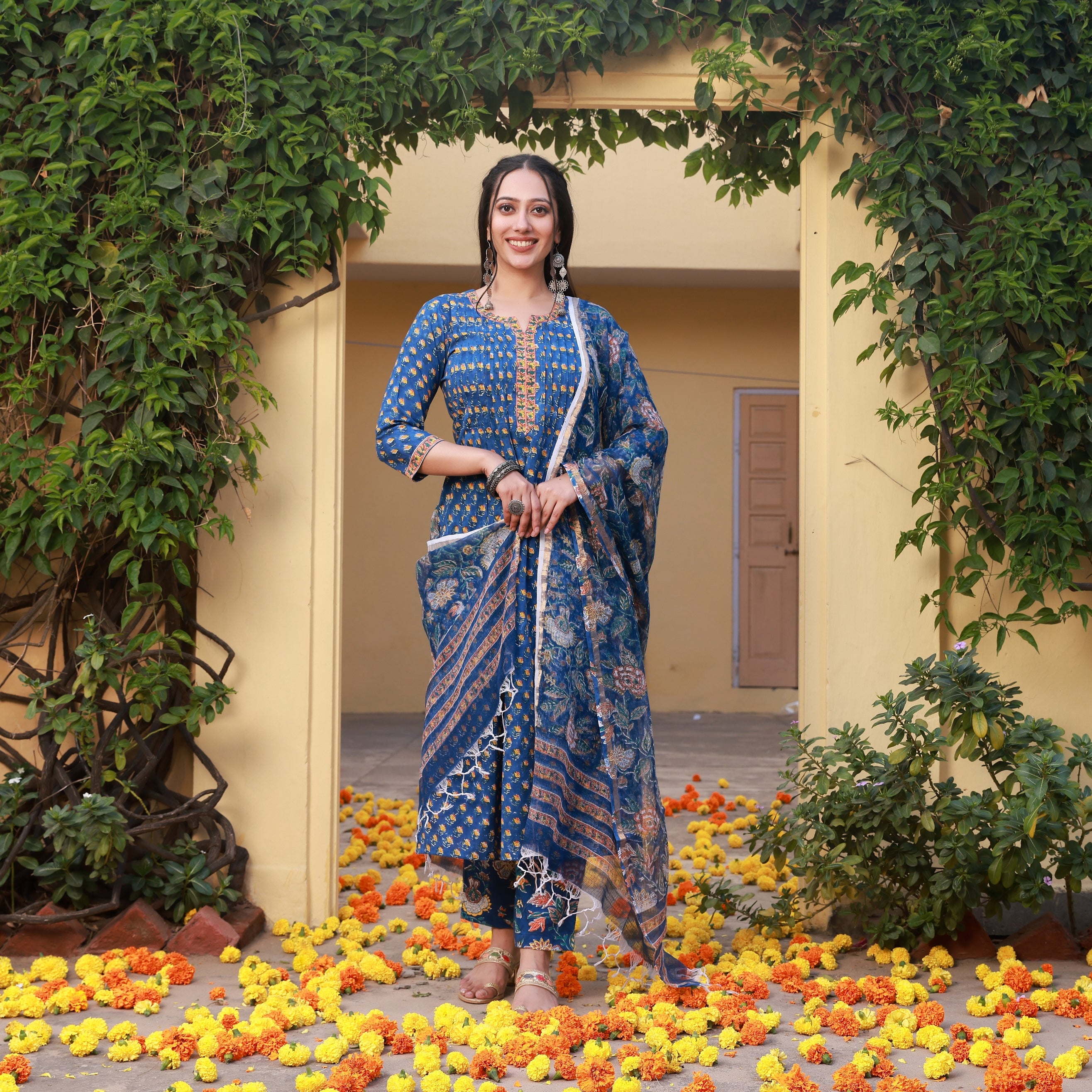 Badrah Blue Handblock Cotton Pleated Straight Suit Set with Kotadoriya