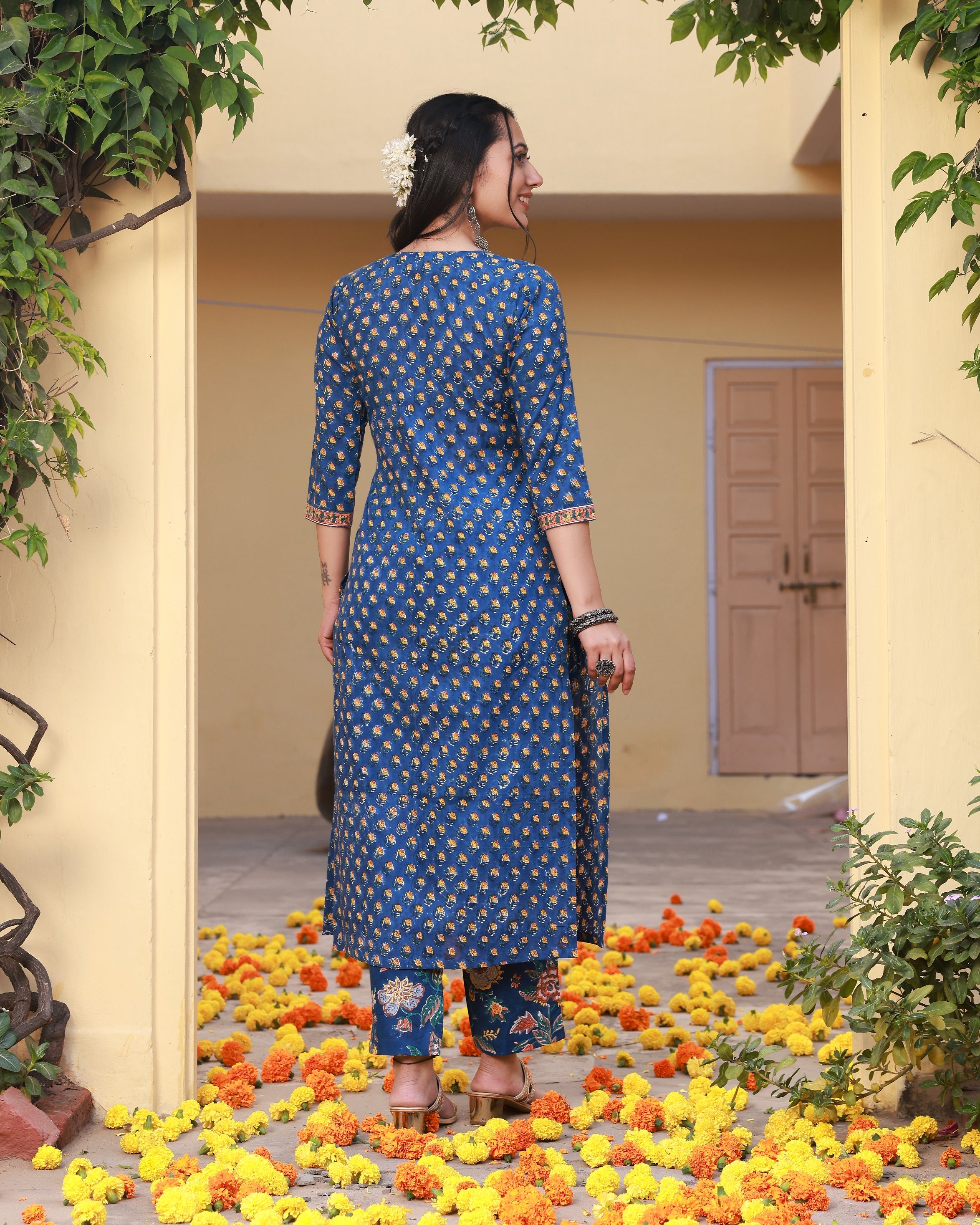 Badrah Blue Handblock Cotton Pleated Straight Suit Set with Kotadoriya