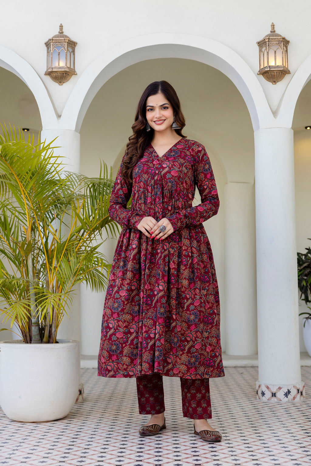 Shop Saanvi Maroon Floral Print Suit Set | Jaipuri Adaah