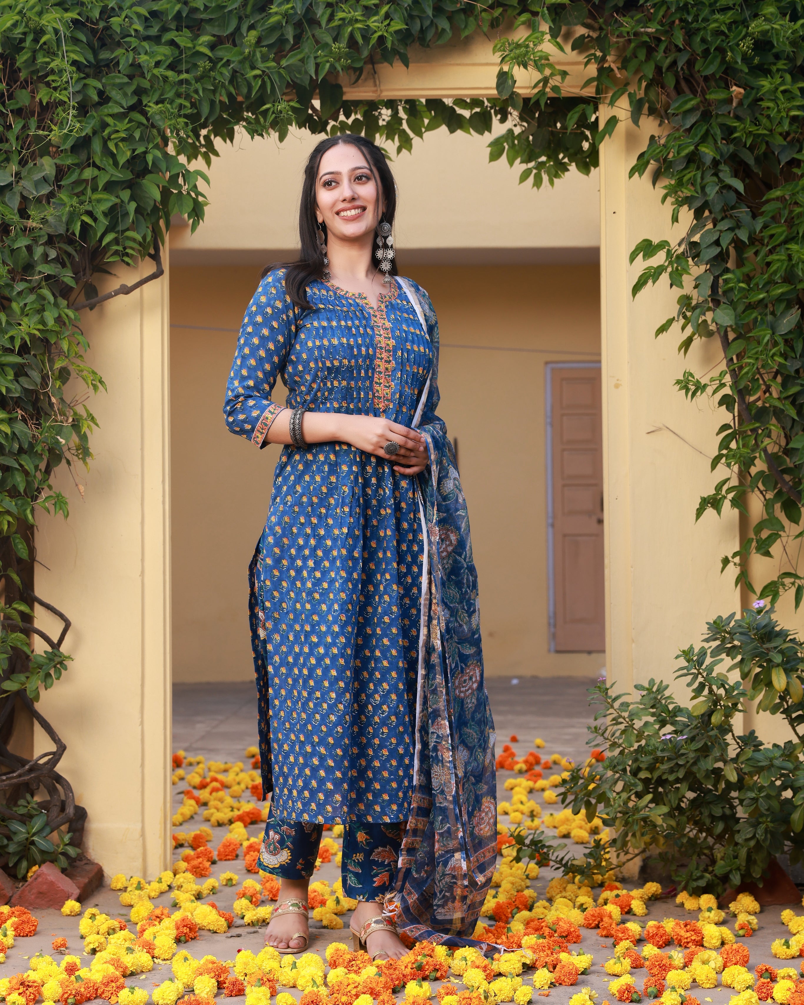 Badrah Blue Handblock Cotton Pleated Straight Suit Set with Kotadoriya