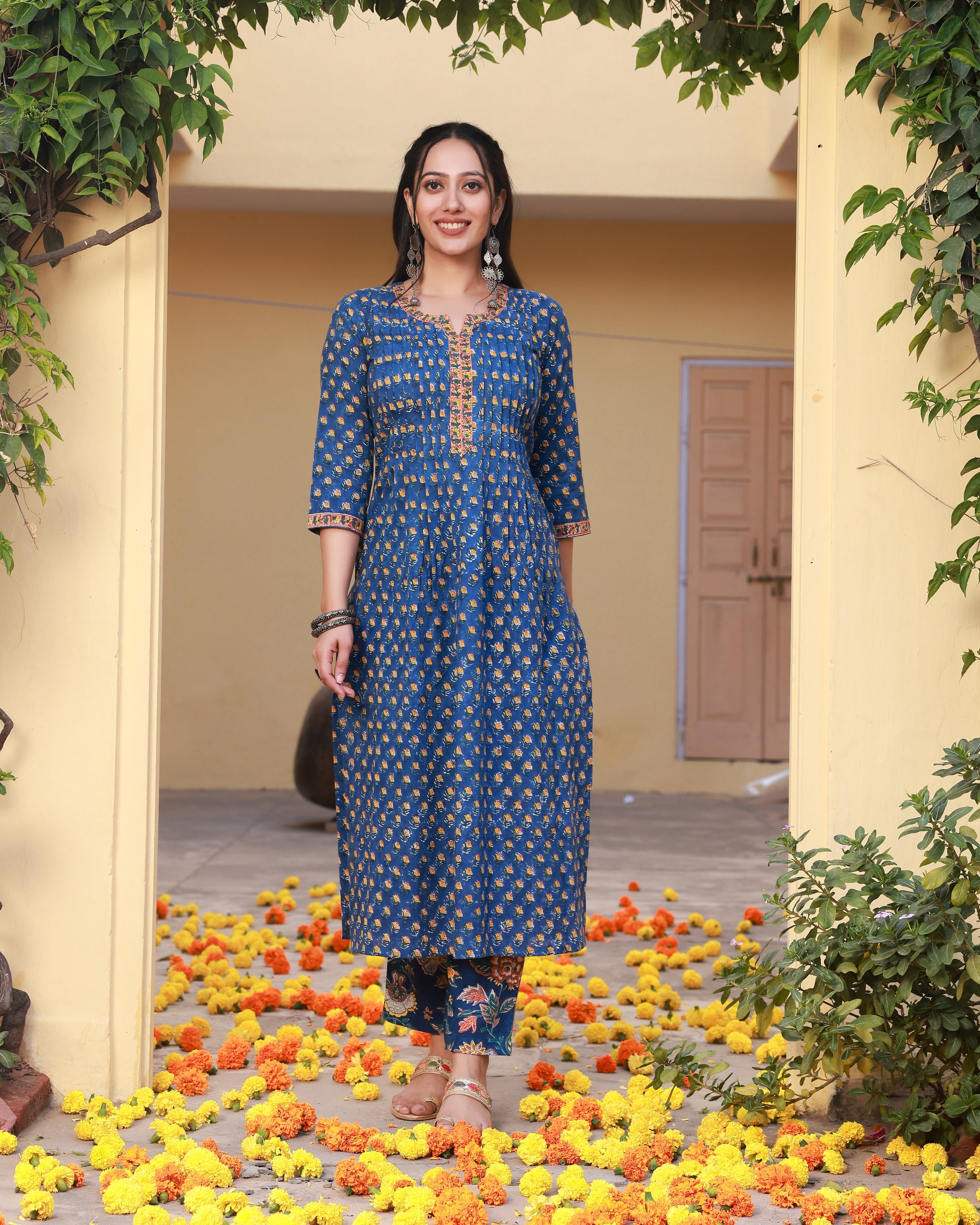 Badrah Blue Handblock Cotton Pleated Straight Suit Set with Kotadoriya