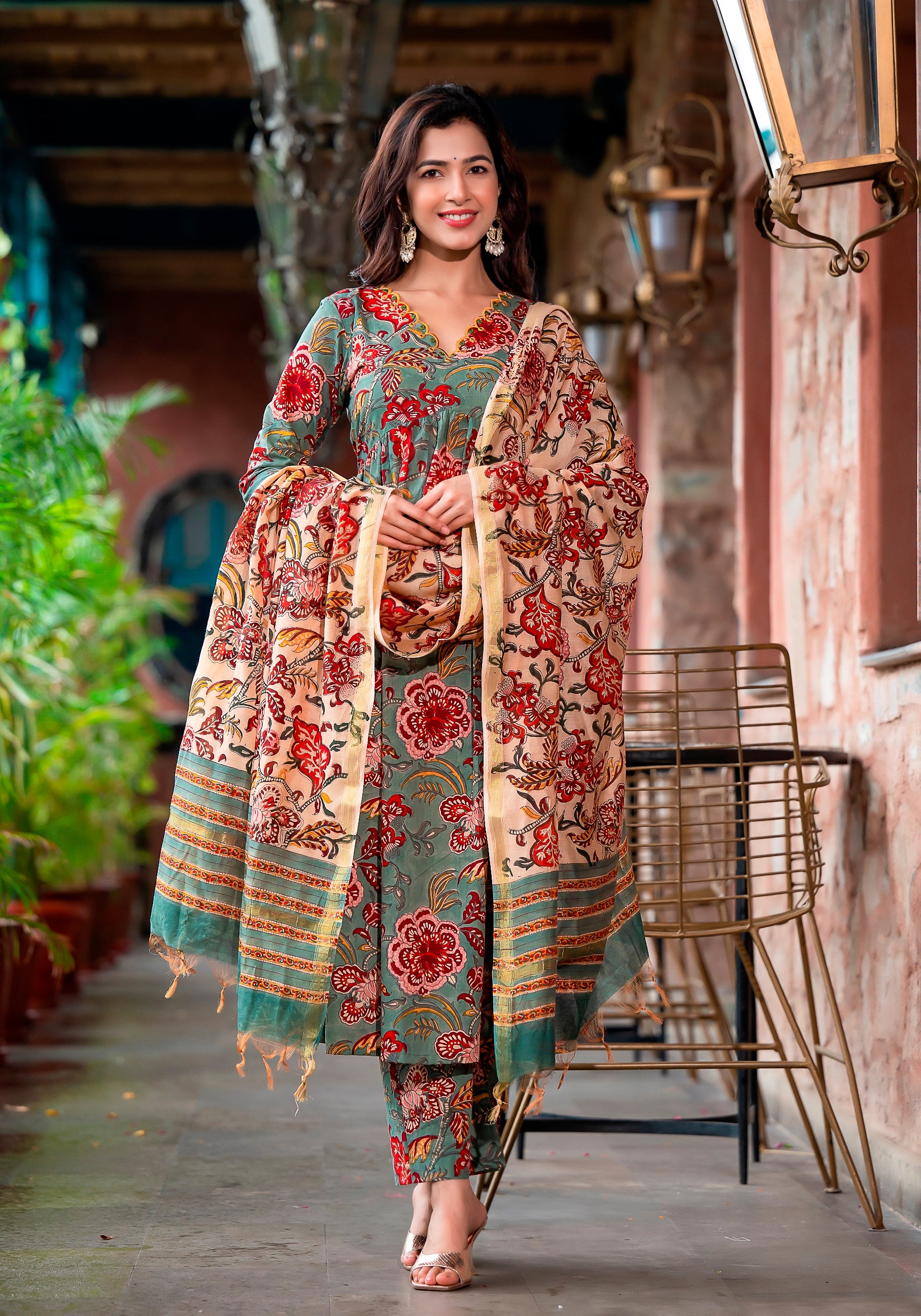 Buy Nasreen Green Floral Block Print Embroidery Suit Set - Jaipuri Adaah