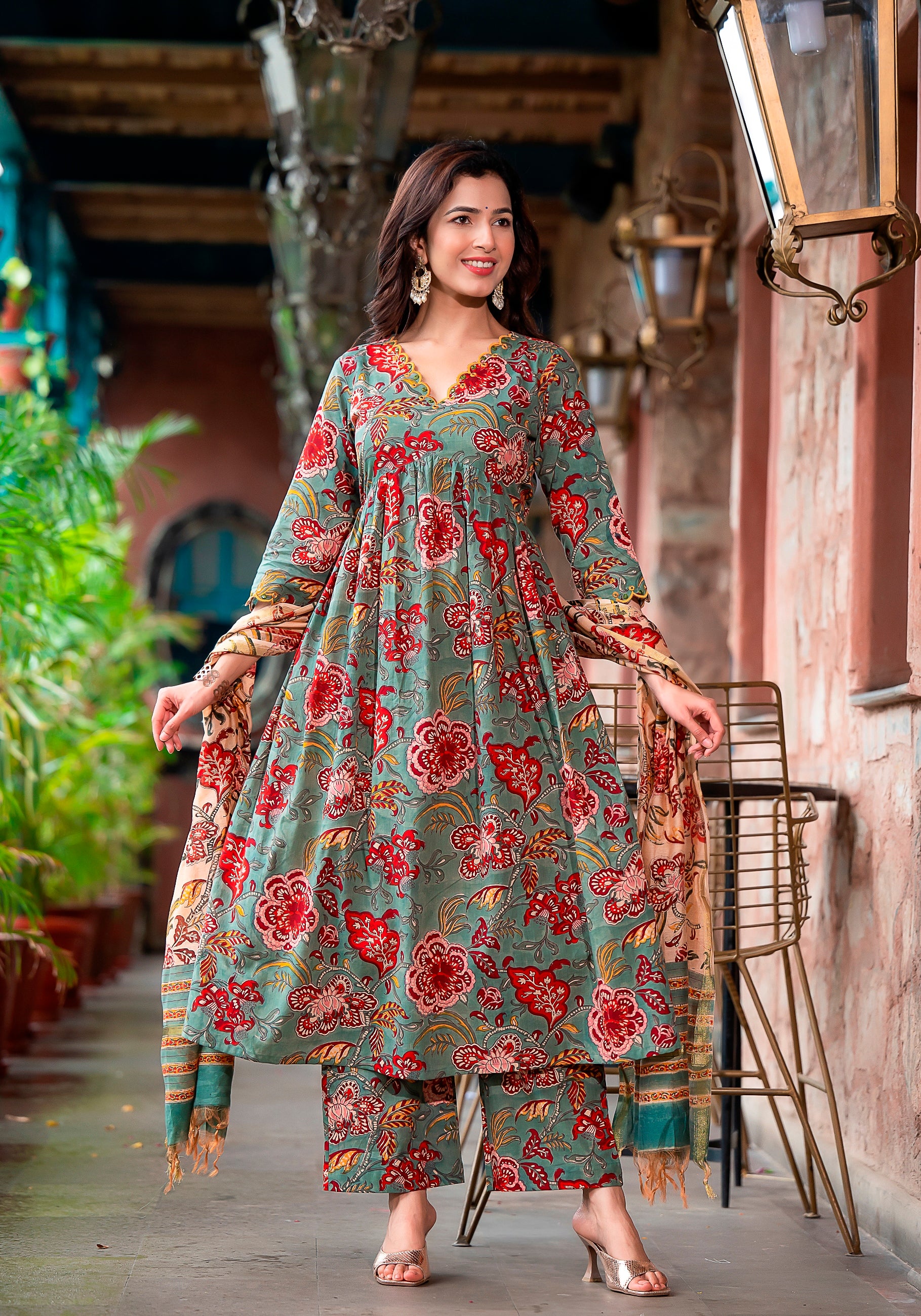 Buy Nasreen Green Floral Block Print Embroidery Suit Set - Jaipuri Adaah