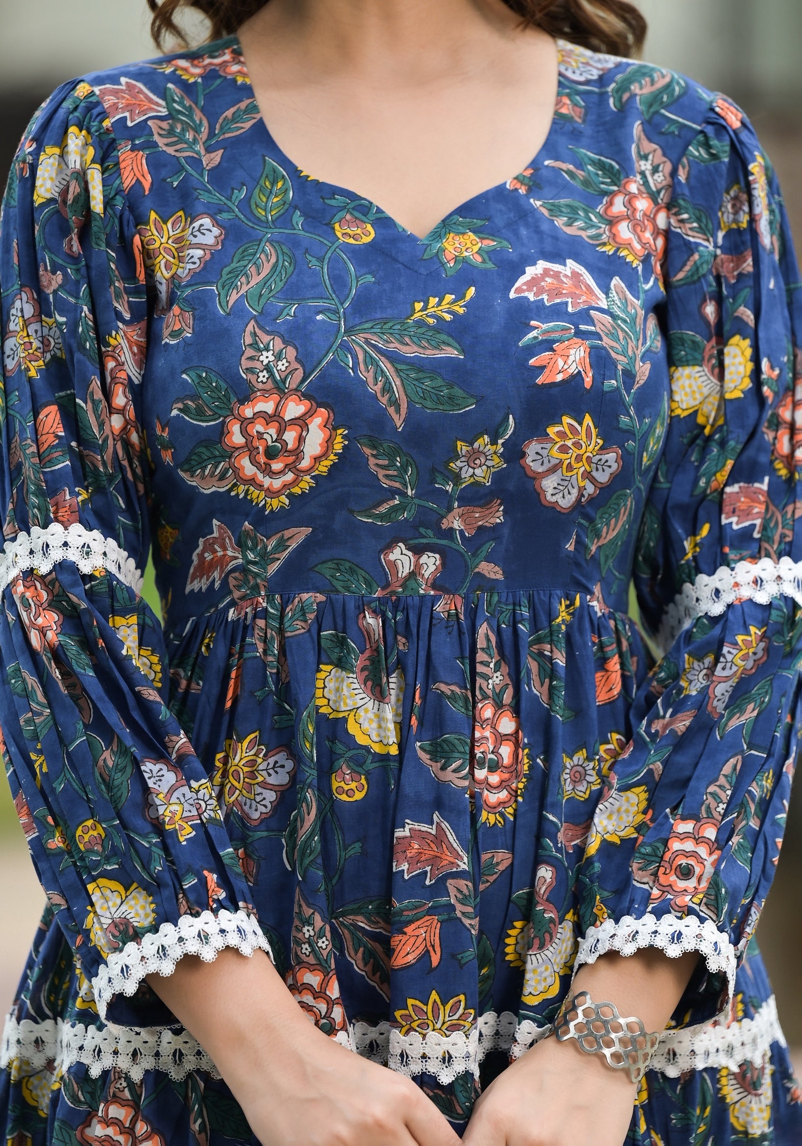 Kalapi Blue Hand Block Print Flarey Cotton Dress