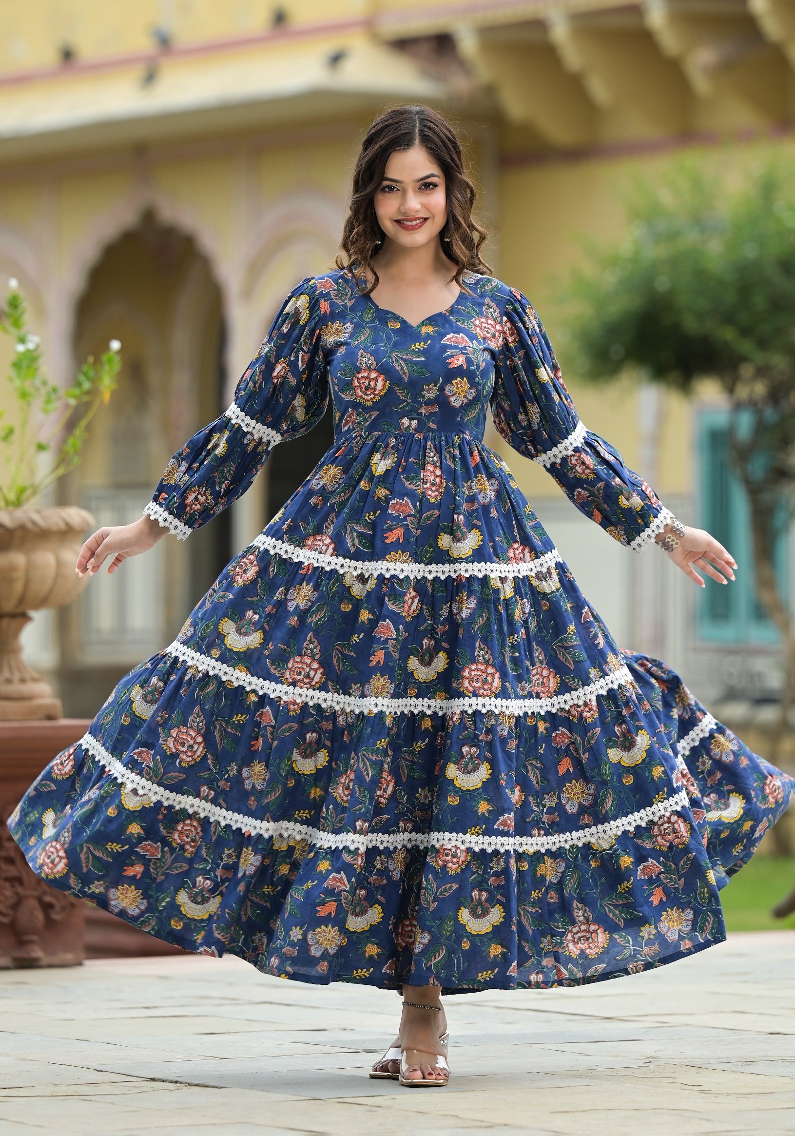 Kalapi Blue Hand Block Print Flarey Cotton Dress