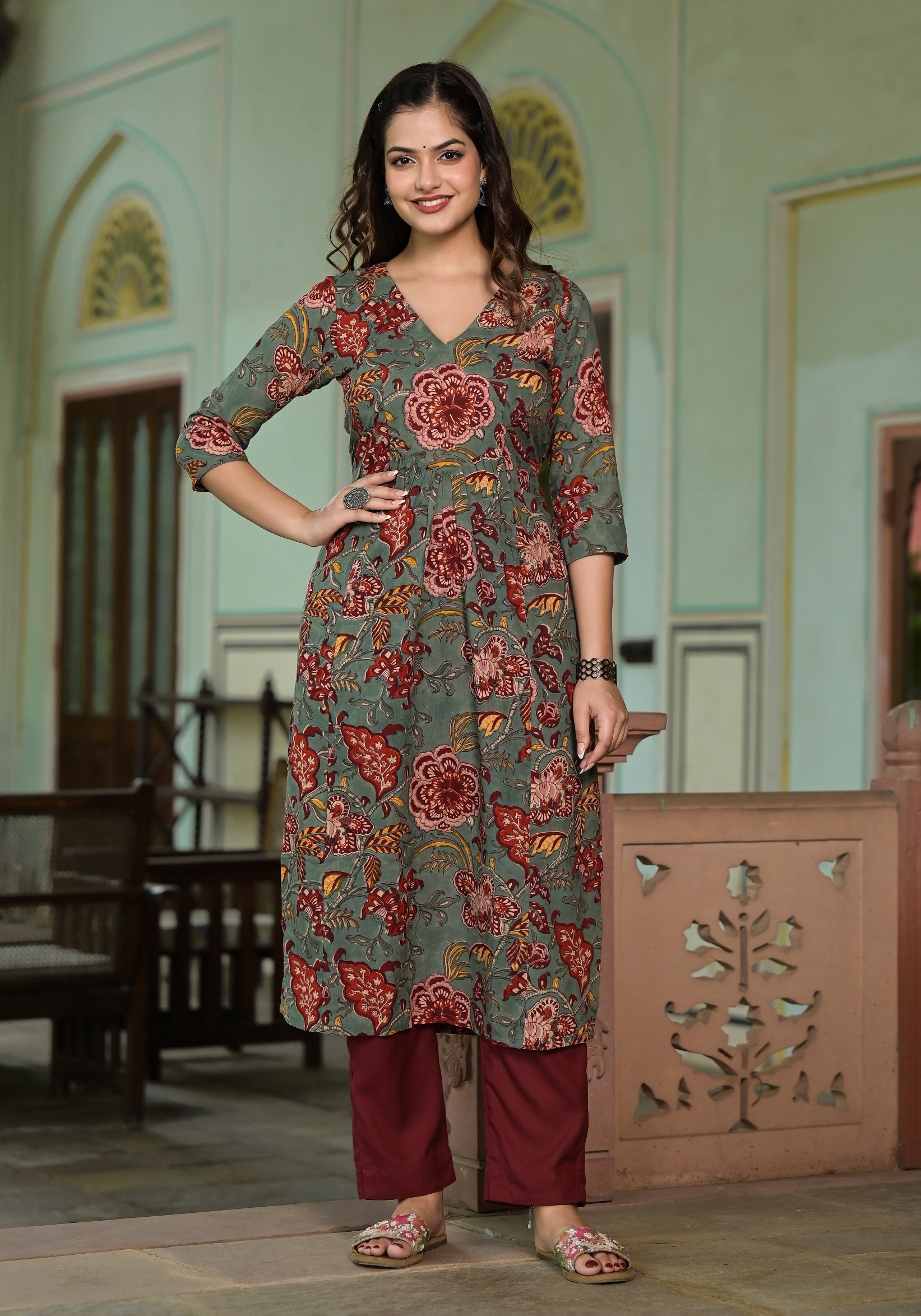 Inaya Green Hand Block Print Cotton Kurta