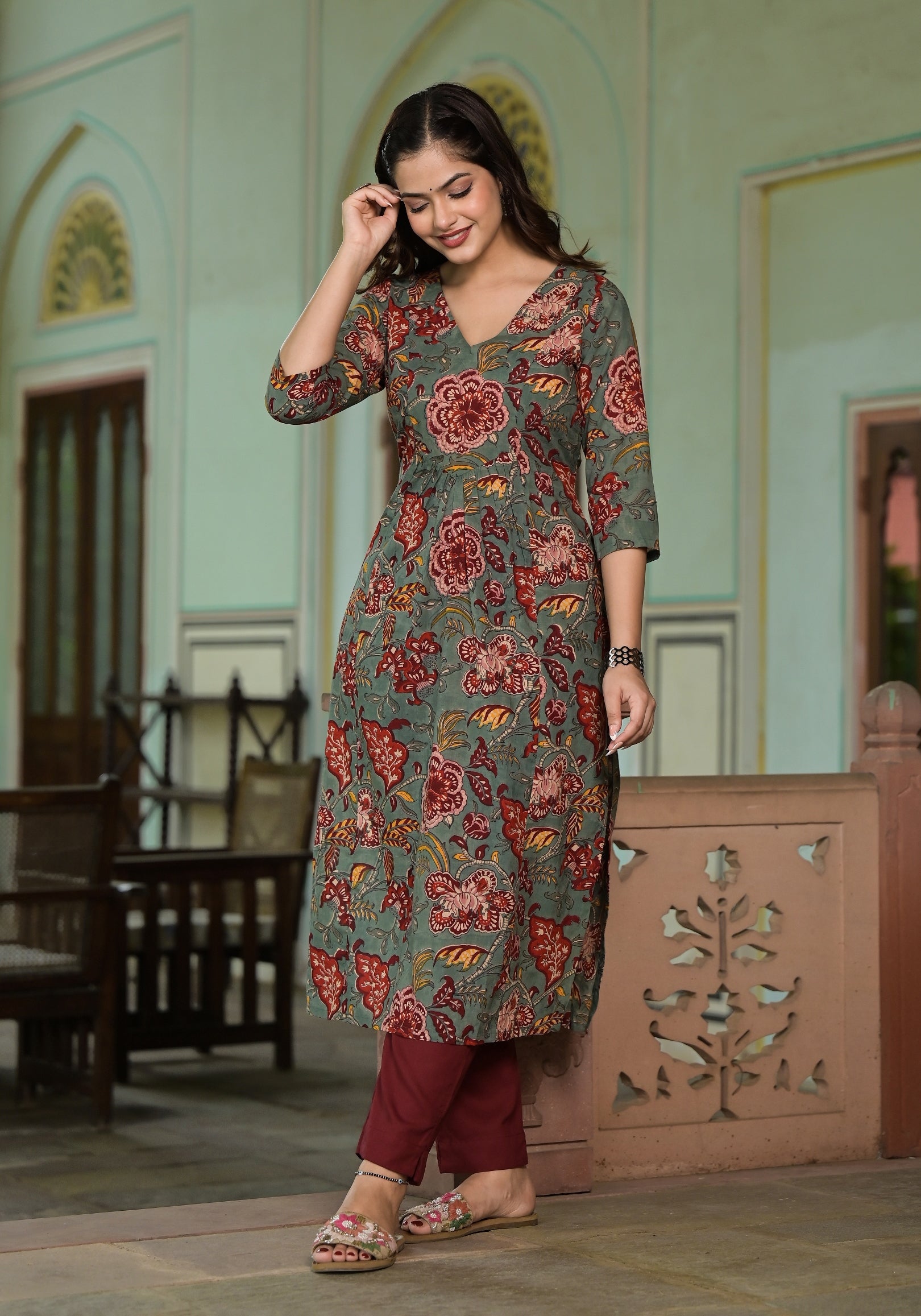 Inaya Green Hand Block Print Cotton Kurta