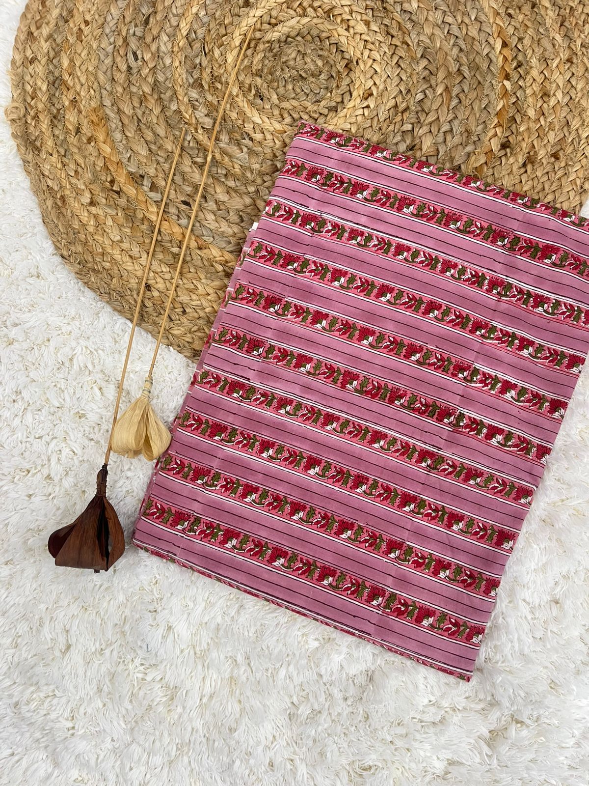 Pints pink border handblock printed cotton fabric(WIDTH 42 INCHES)