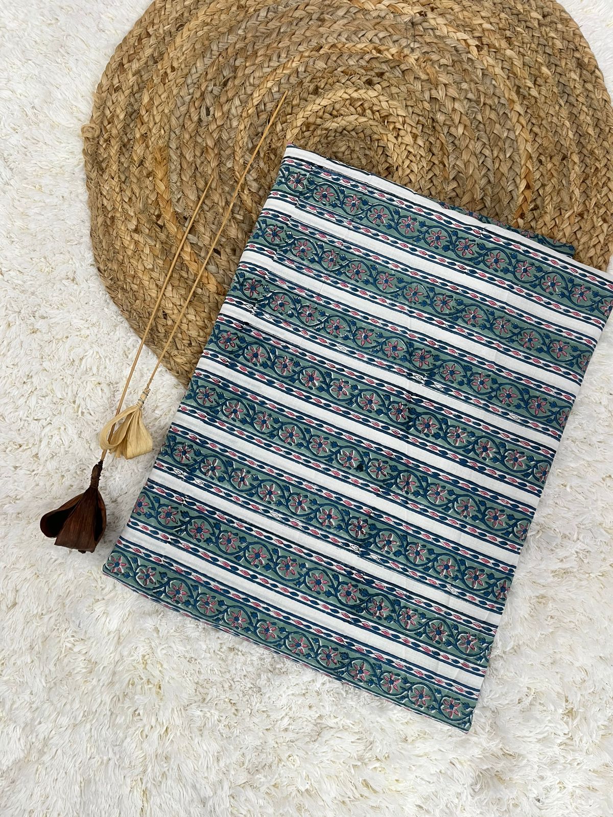 Glossary blue border handblock printed cotton fabric(WIDTH 42 INCHES)