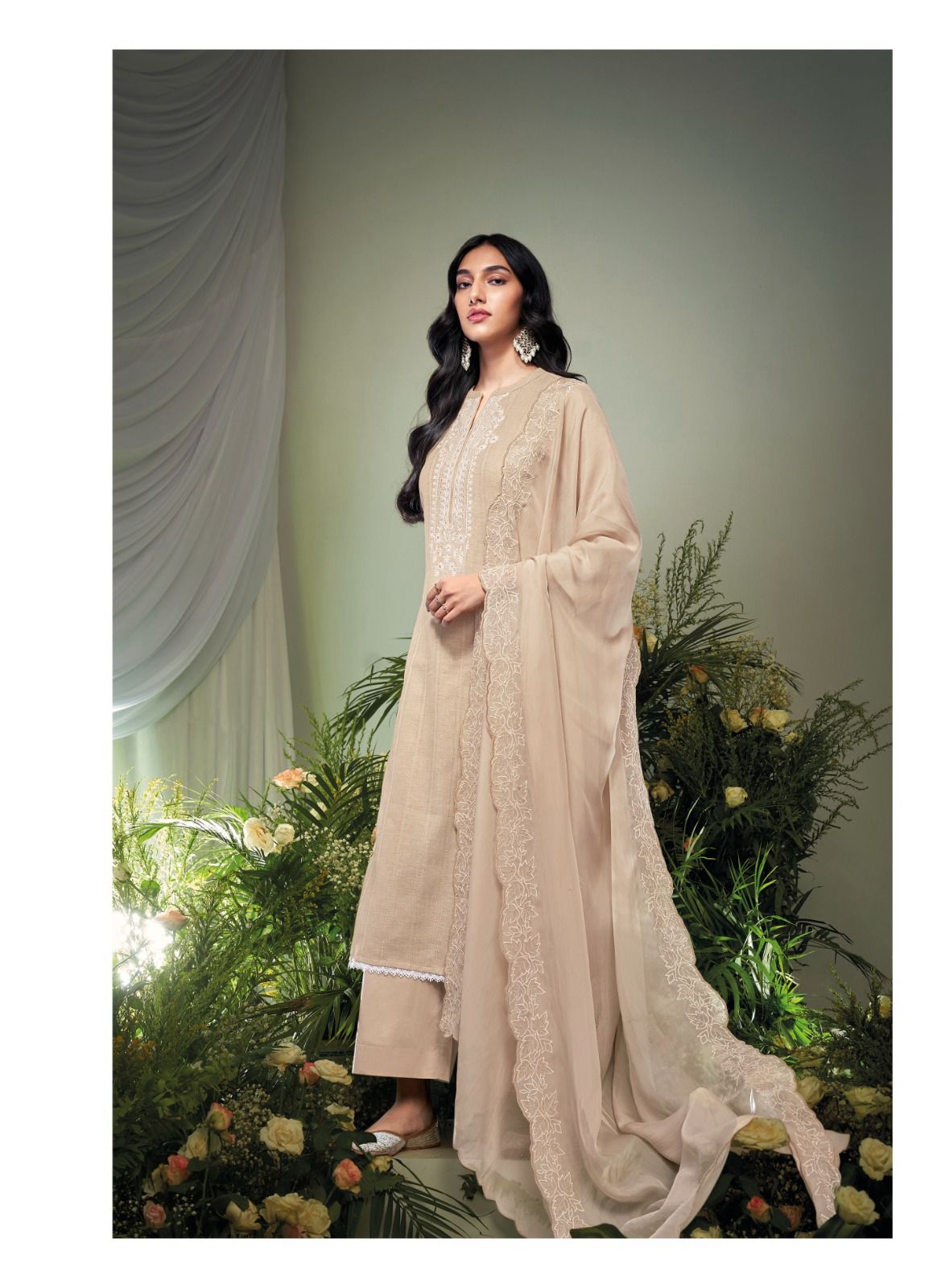 Shahi Beige Linen Jacquard Embroidered Suit Set